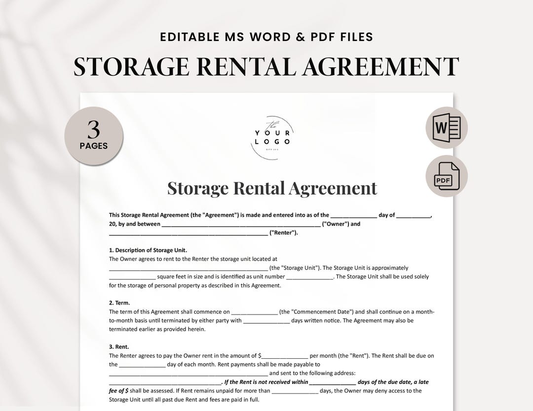 Storage Rental Agreement | Detailed Storage Unit Contract Word Template ...