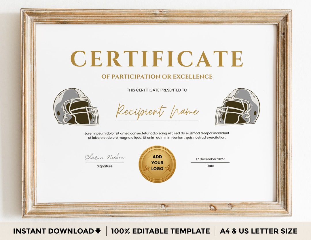 Editable American Football Certificate Template, Sports Certificate ...