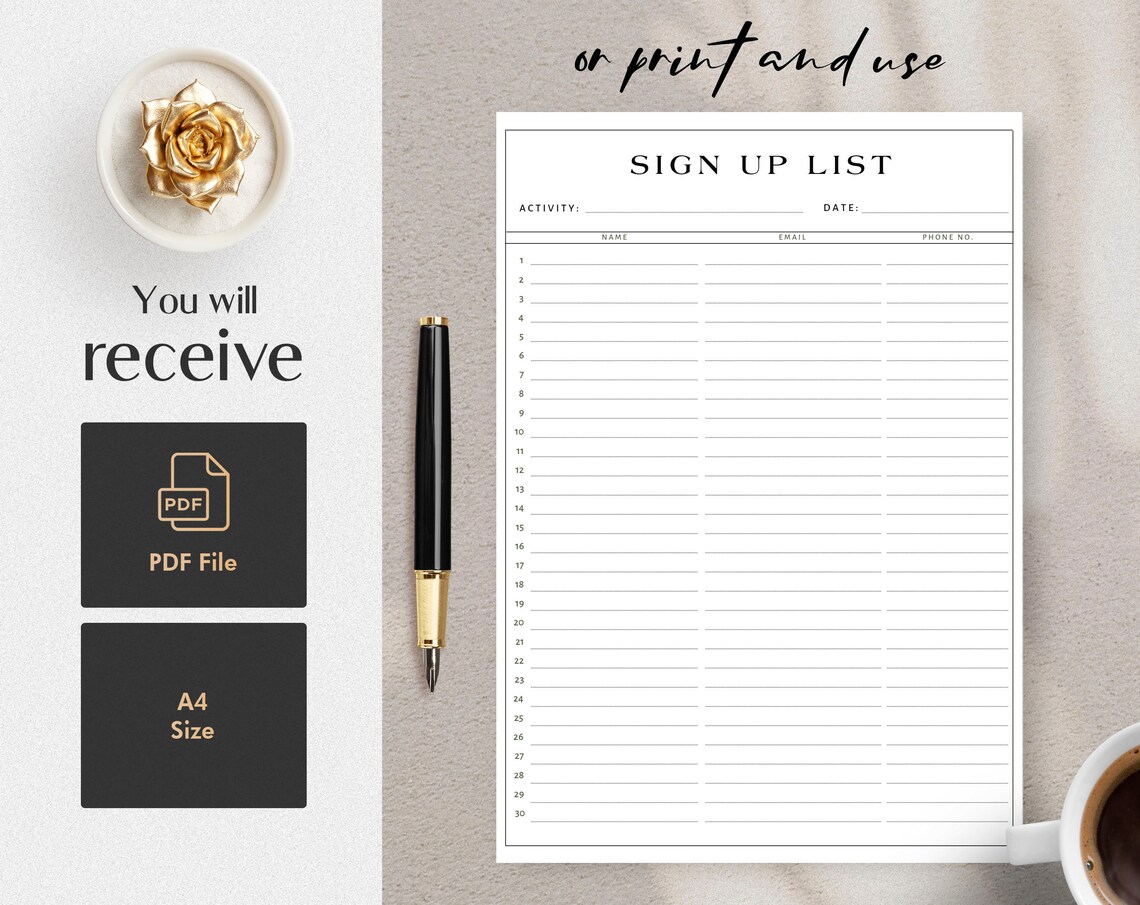 Editable Sign up Sheet - Editable PDF Sign up List - Printable Sign up ...