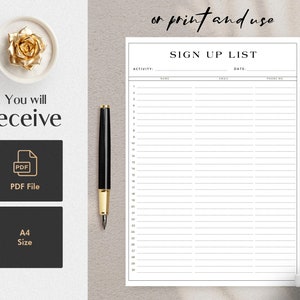 Editable Sign up Sheet - Editable PDF Sign up List - Printable Sign up ...