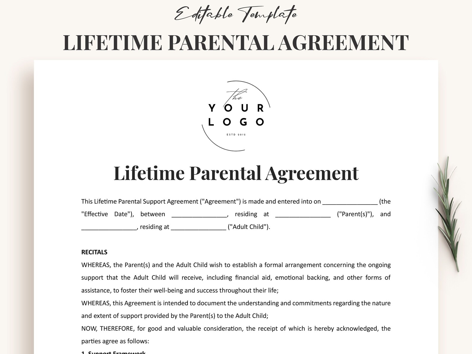 Lifetime Parental Agreement Template - Family Planning & Organization ...