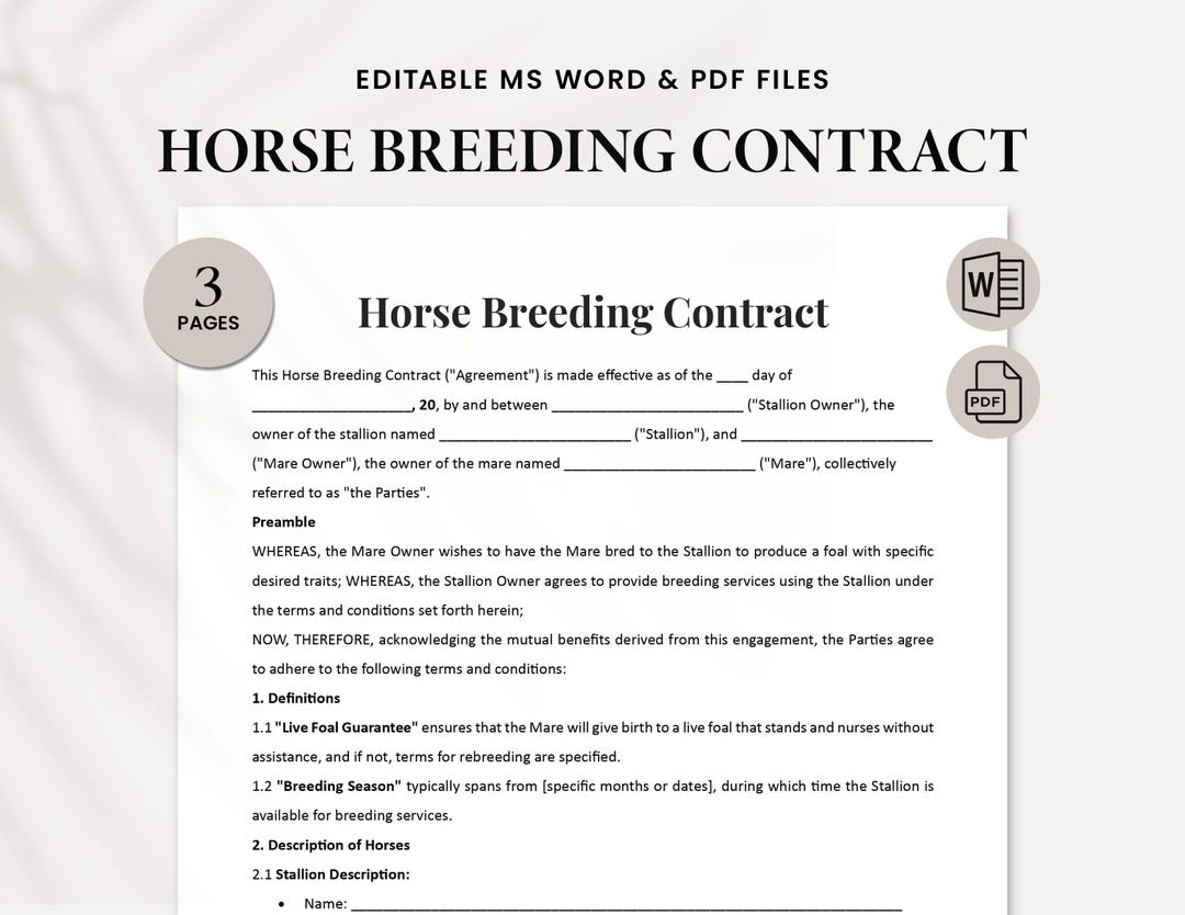 Horse Breeding Contract Template - Customizable Equine Breeding Agreement, Printable Document ...