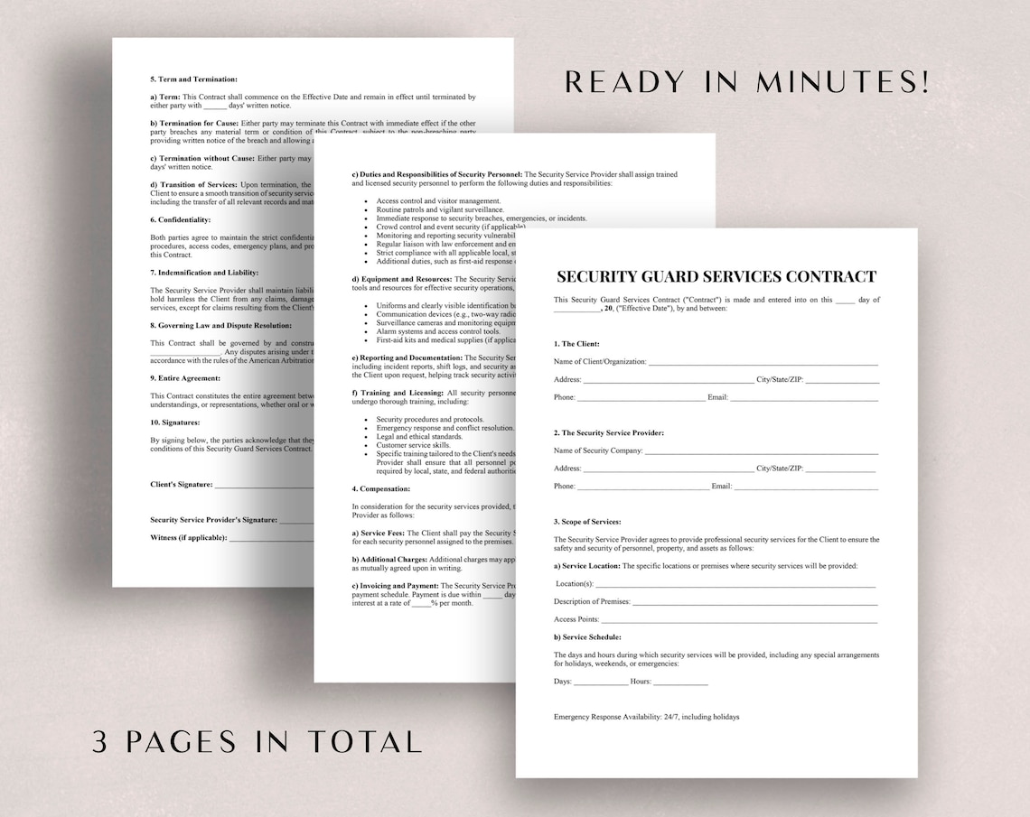 Printable Security Guard Contract Template PDF & Word - Customizable ...