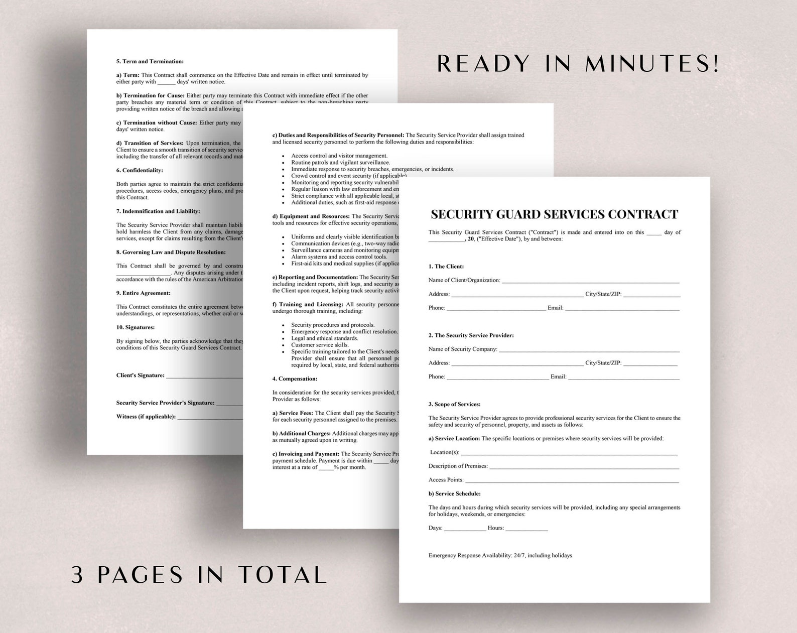 Printable Security Guard Contract Template PDF & Word - Customizable ...