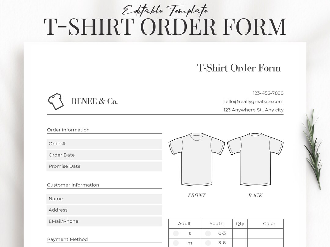 T-shirt Order Template. Editable Pdf/microsoft Word. T-shirt Order Form ...