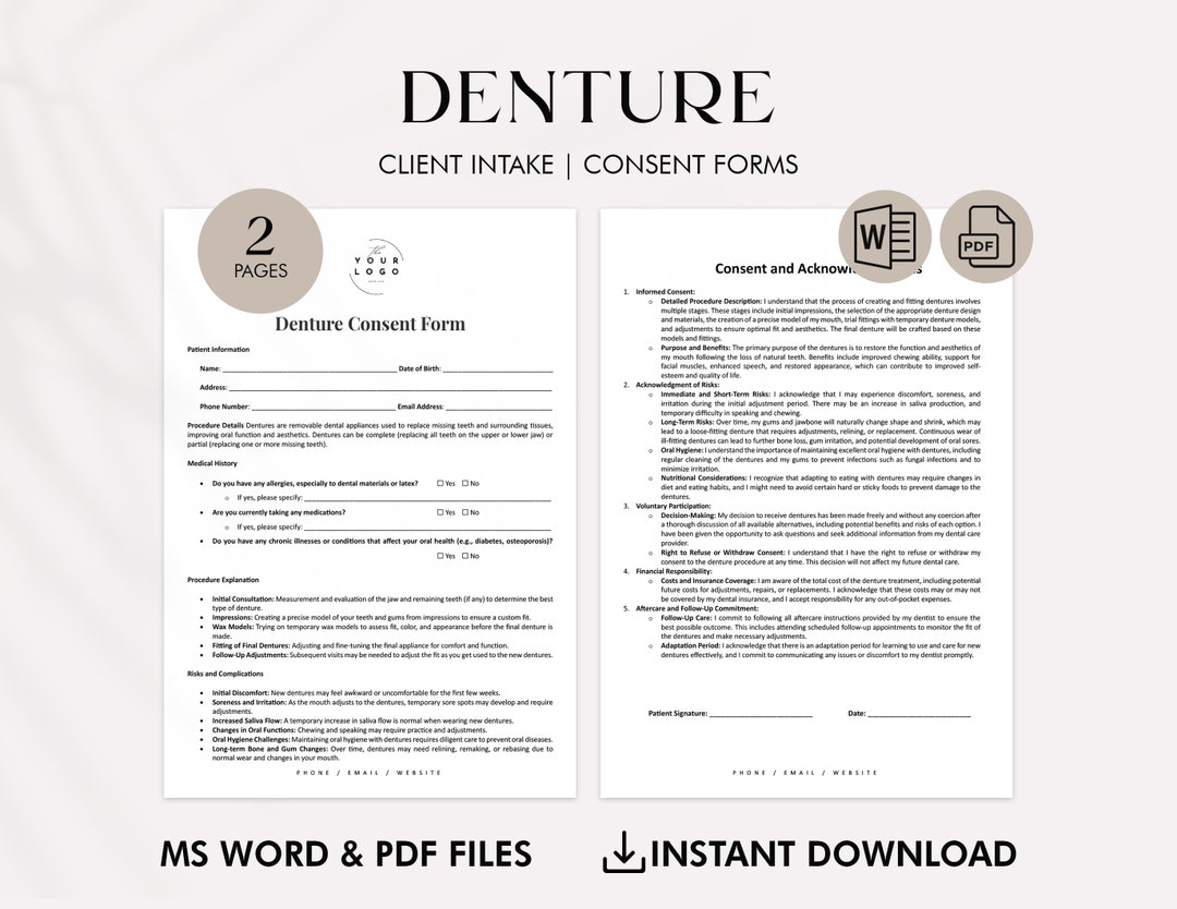 Denture Consent Form Template - Printable Dental Forms for Dentists and ...