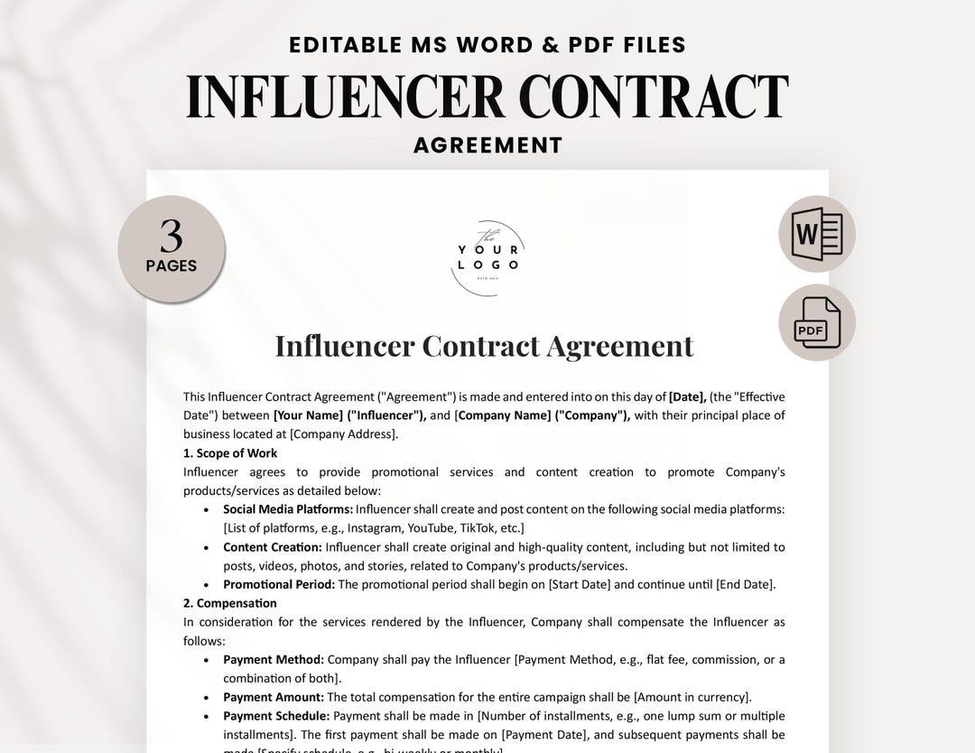 Influencer Contract Template Word - Social Media Influencer Contract PDF - Brand Influencer ...