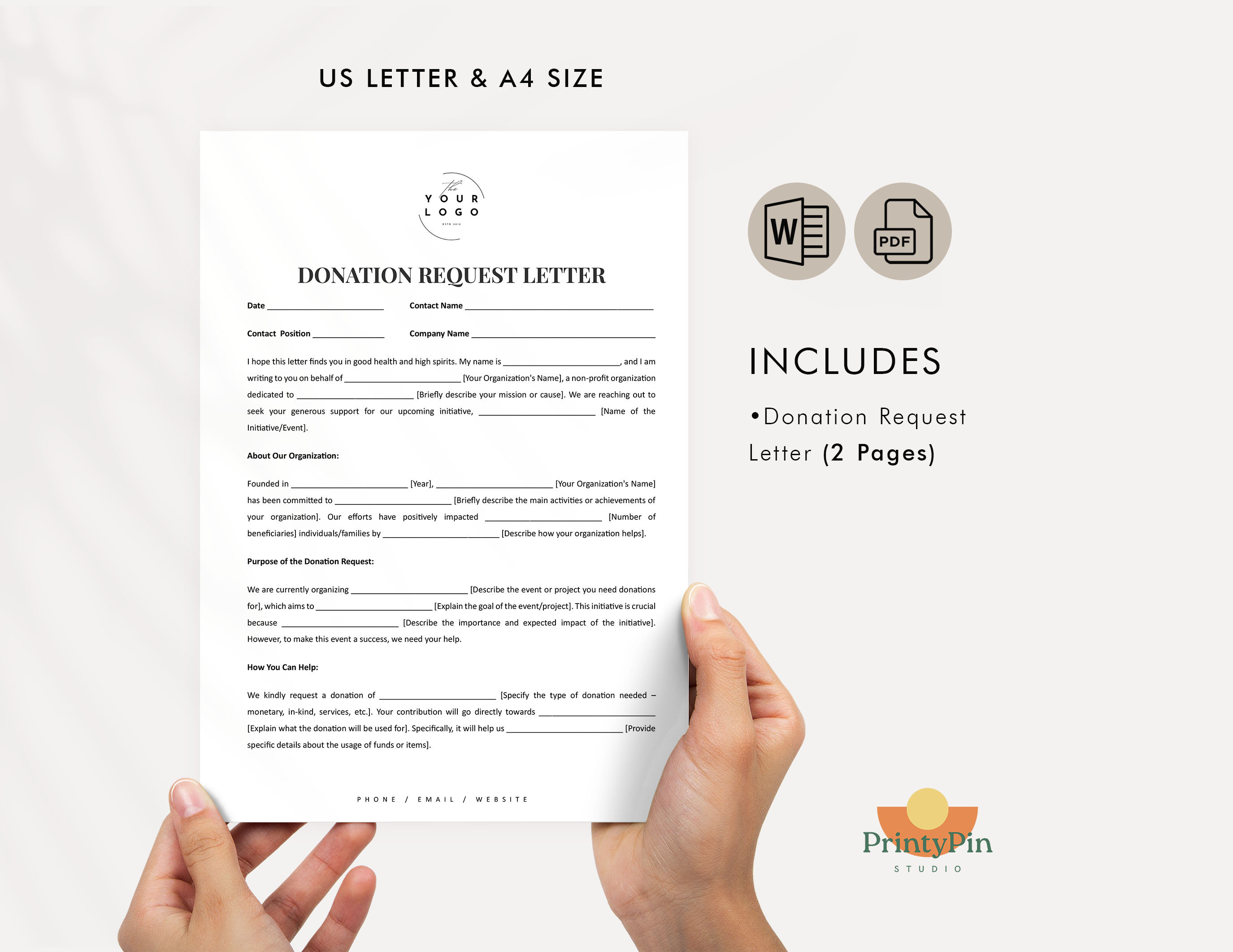 Professional Donation Request Letter PDF Template - Editable Microsoft ...