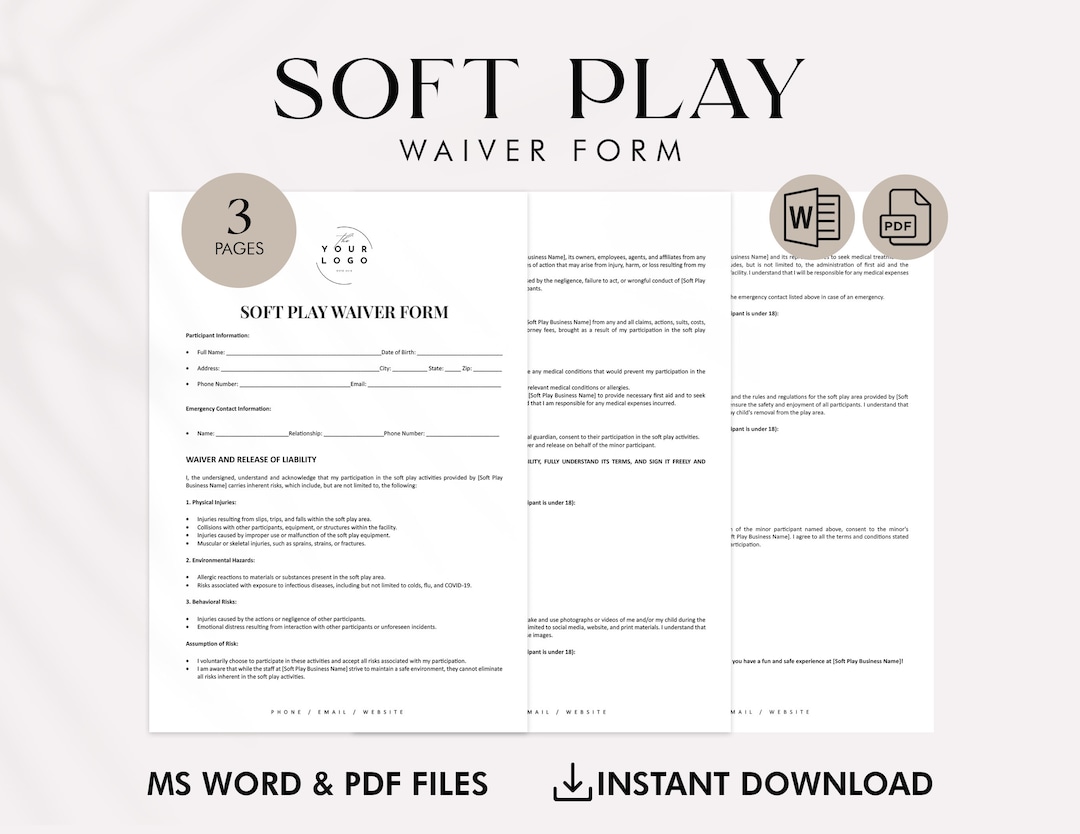 Soft Play Waiver Form Template | Editable Ms Word / PDF | Printable ...