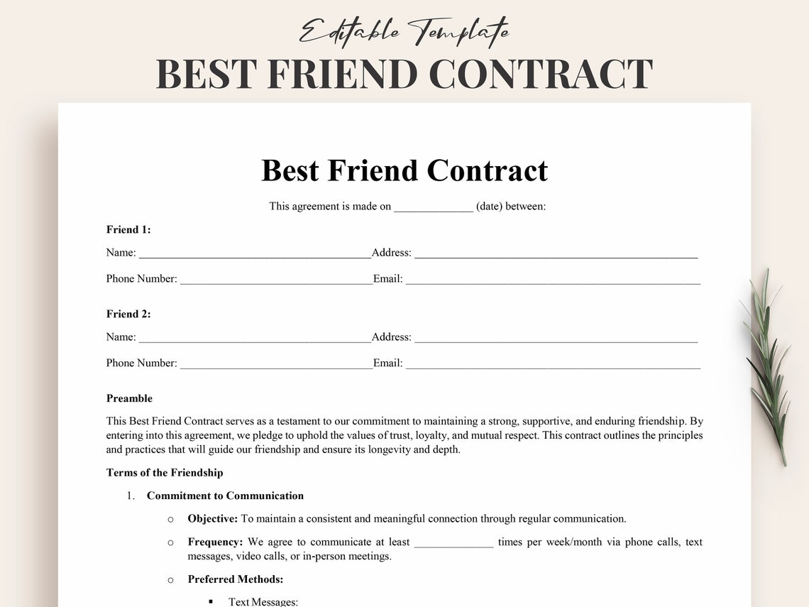 Best Friend Contract Template - Editable Friendship Agreement ...