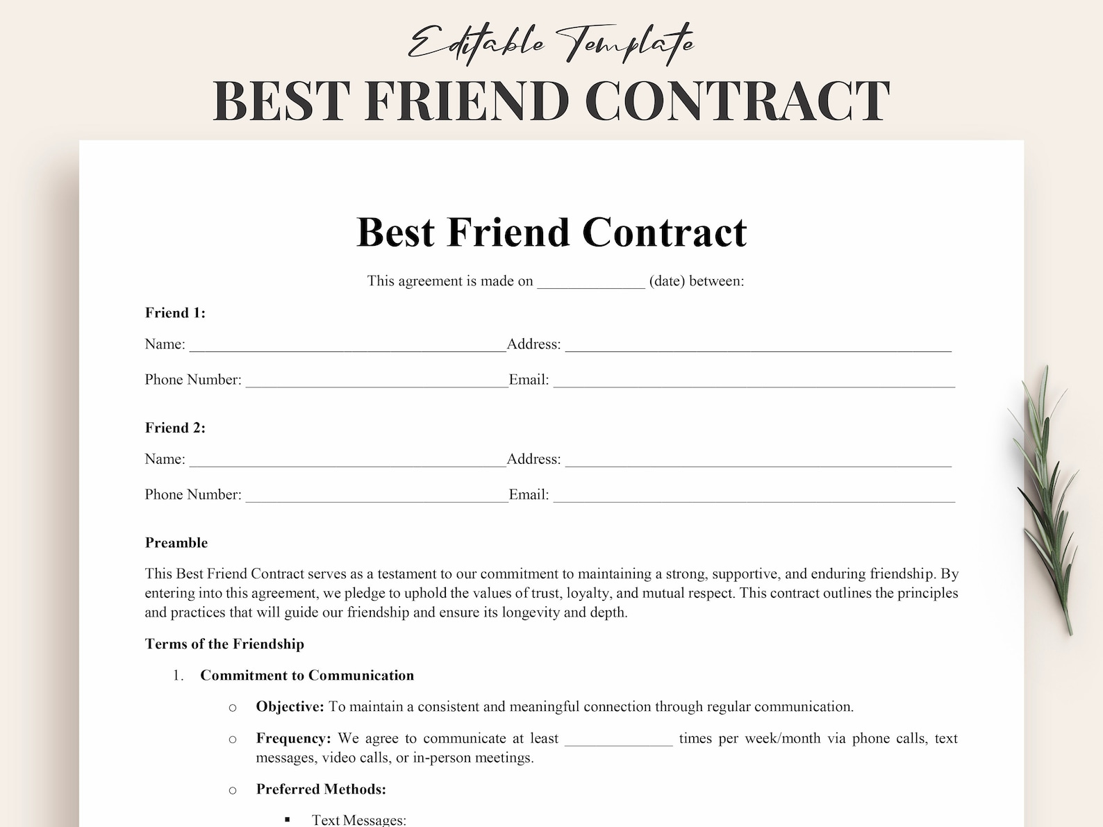 Best Friend Contract Template - Editable Friendship Agreement ...