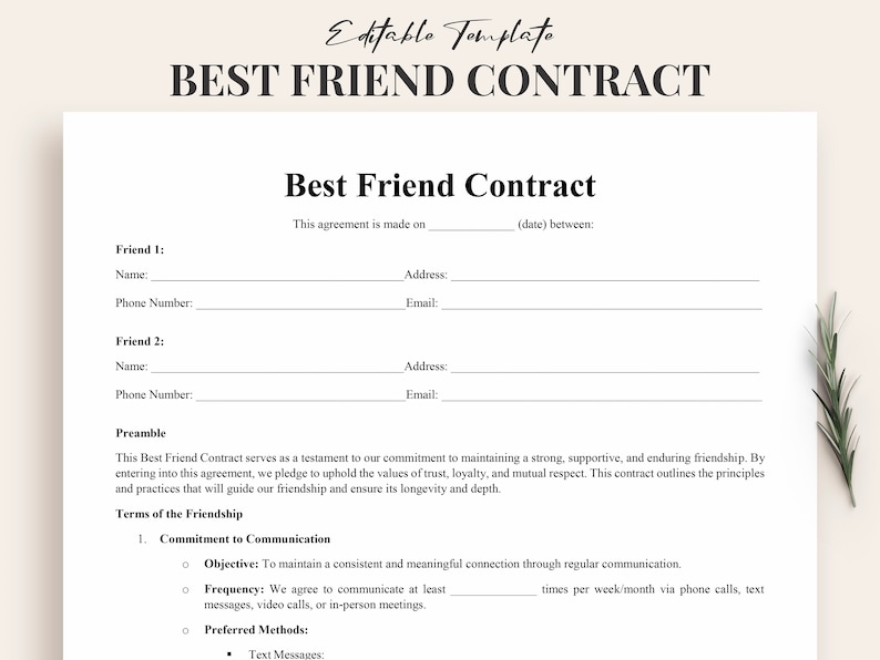 Best Friend Contract Template - Editable Friendship Agreement ...