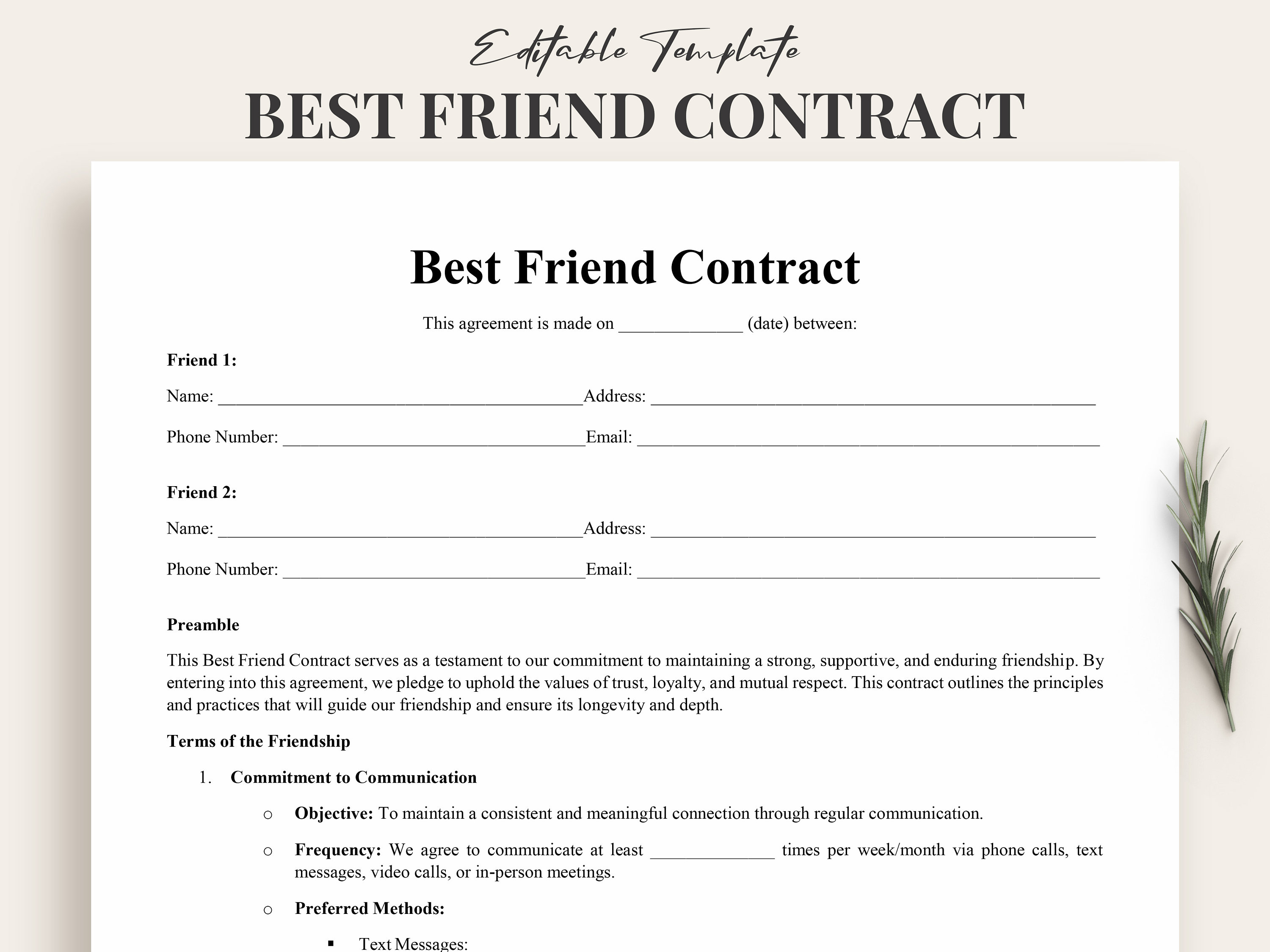 Best Friend Contract Template - Editable Friendship Agreement ...