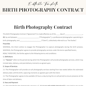 Birth Photography Contract Template - Customizable & Professional Agreement for Photographers ...