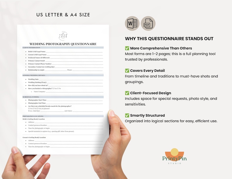 Wedding Photography Questionnaire Template | Editable Client Form for ...