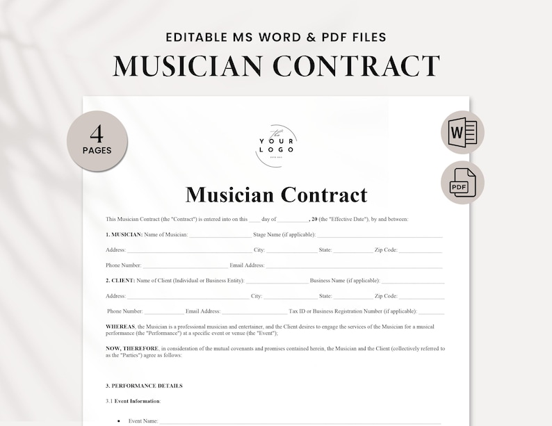 Editable Musician Contract Template Word - Professional Agreement for ...