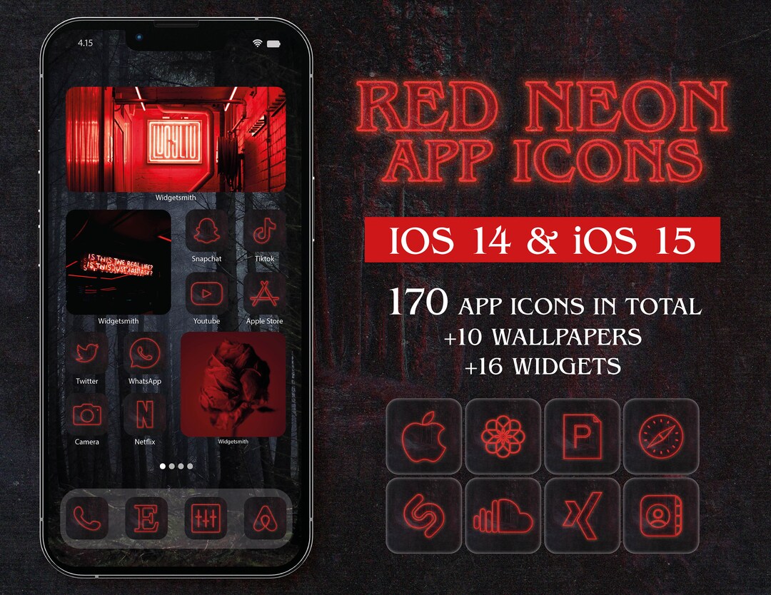 RED Neon Ios 14, 15 & Ios 16 App Icon Pack, 170 Aesthetic Neon Icons ...