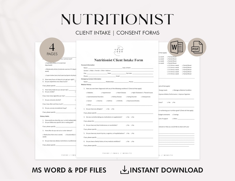 Nutritionist Client Intake & Consent Form Template - Printable PDF ...