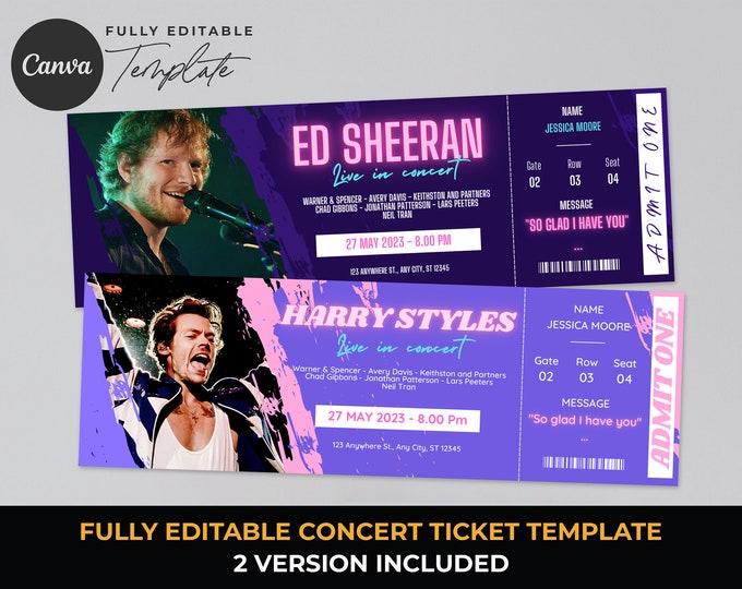 Editable Concert Ticket Template, Printable Concert Ticket Gift, Event ...