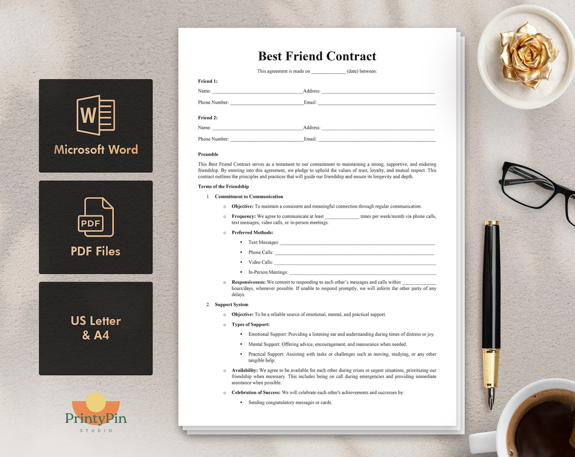 Best Friend Contract Template - Editable Friendship Agreement ...