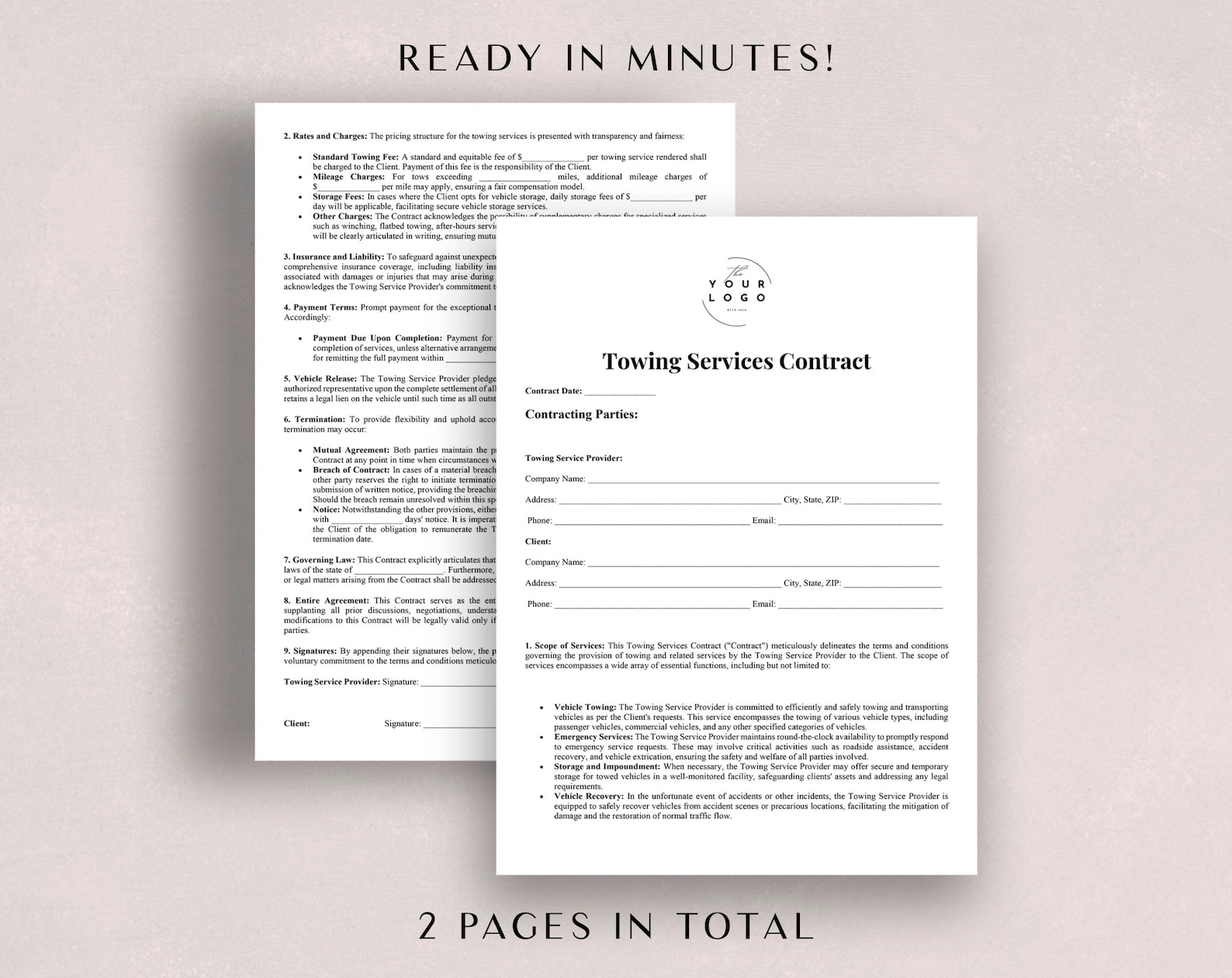 Comprehensive Towing Contract Template - Editable, Printable Agreement ...