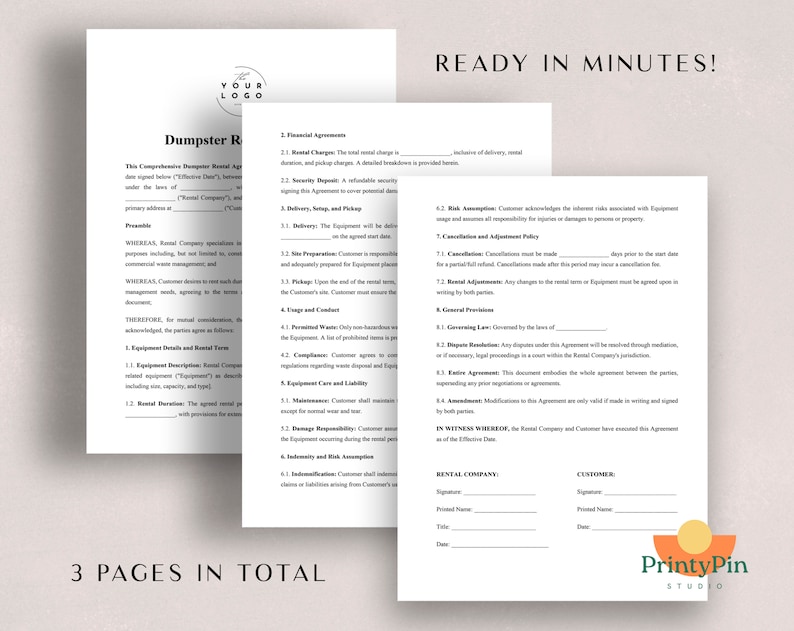 Dumpster Rental Agreement Template | Instant Download Editable Contract ...