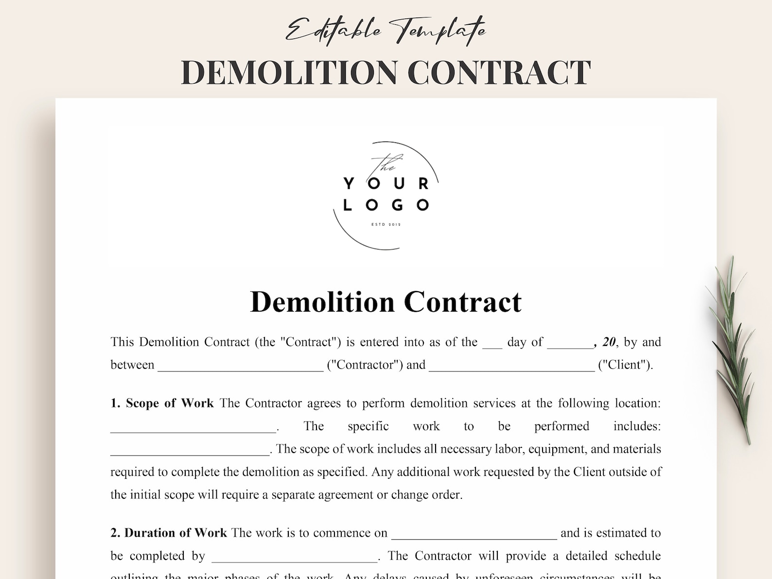 Comprehensive Demolition Contract Template | Demolition Agreement ...