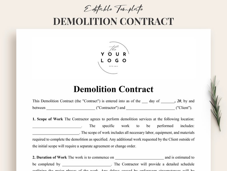 Comprehensive Demolition Contract Template | Demolition Agreement ...