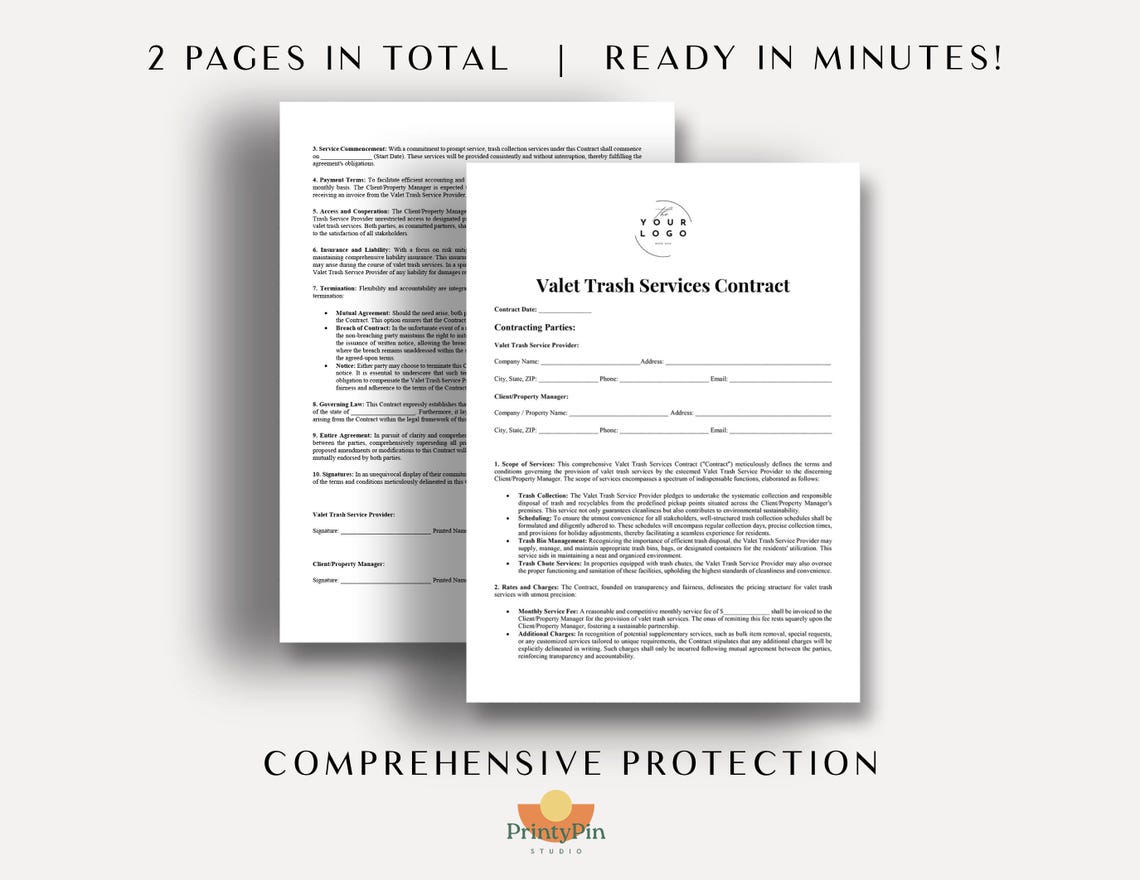 Valet Trash Services Contract Template | Editable & Printable Waste ...