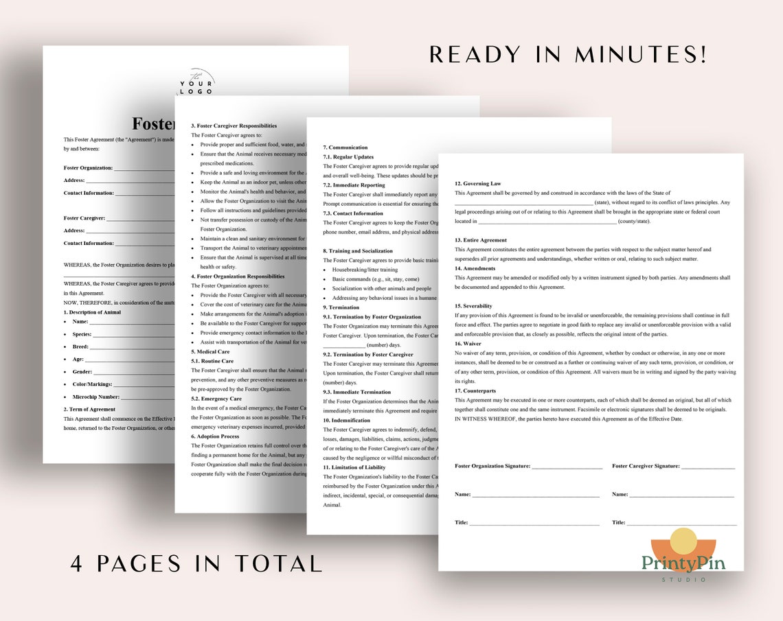 Foster Agreement Template, Editable Pet Foster Care Contract ...