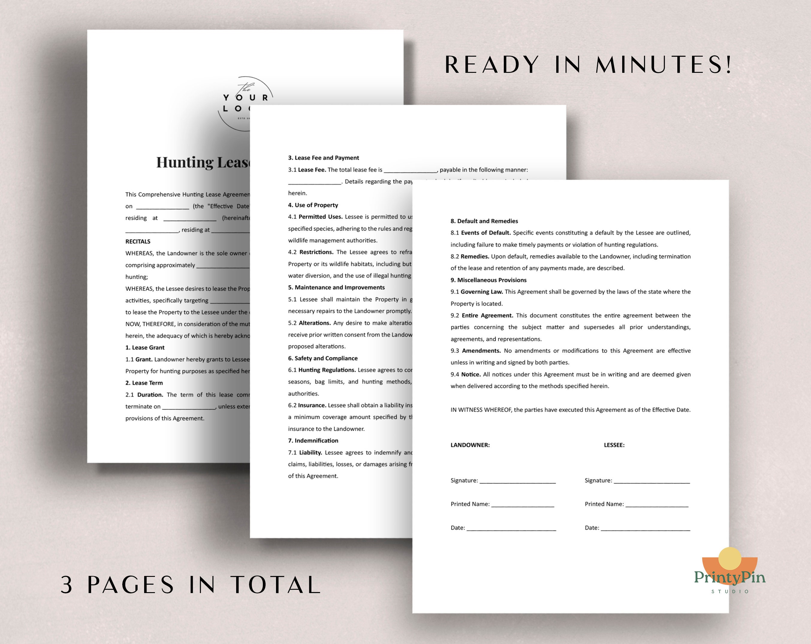 Hunting Land Lease Agreement Template - Customizable Contract for ...