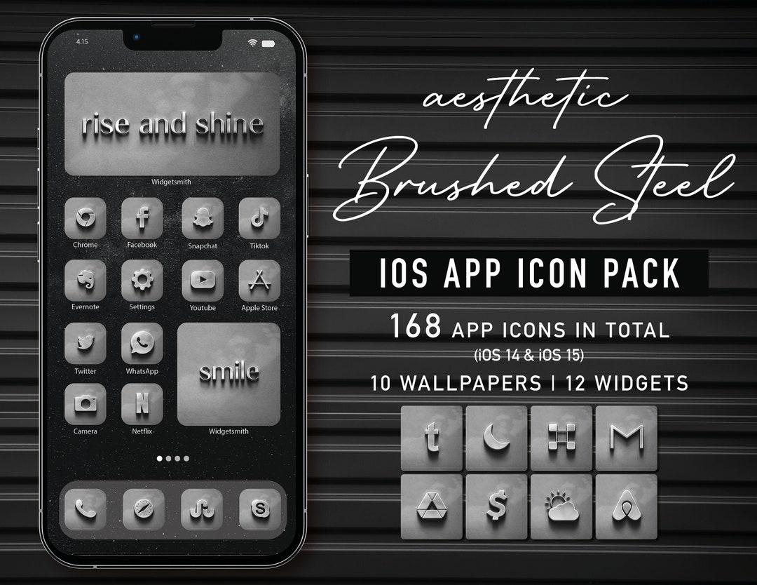 IPhone Ios 16 & 15 App Icons Theme Pack 3D Brushed Steel, Dark iPhone ...