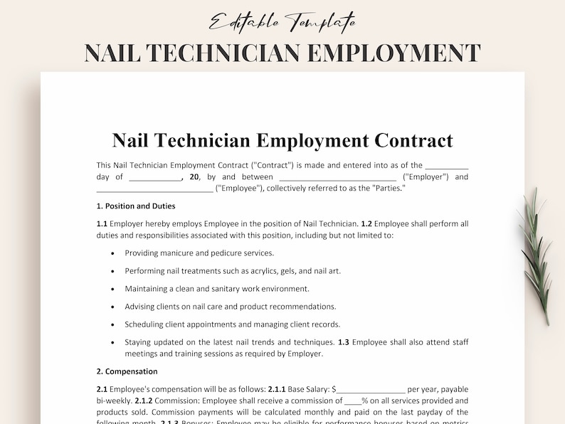 Nail Technician Employment Contract | Nail Salon Employee Agreement ...