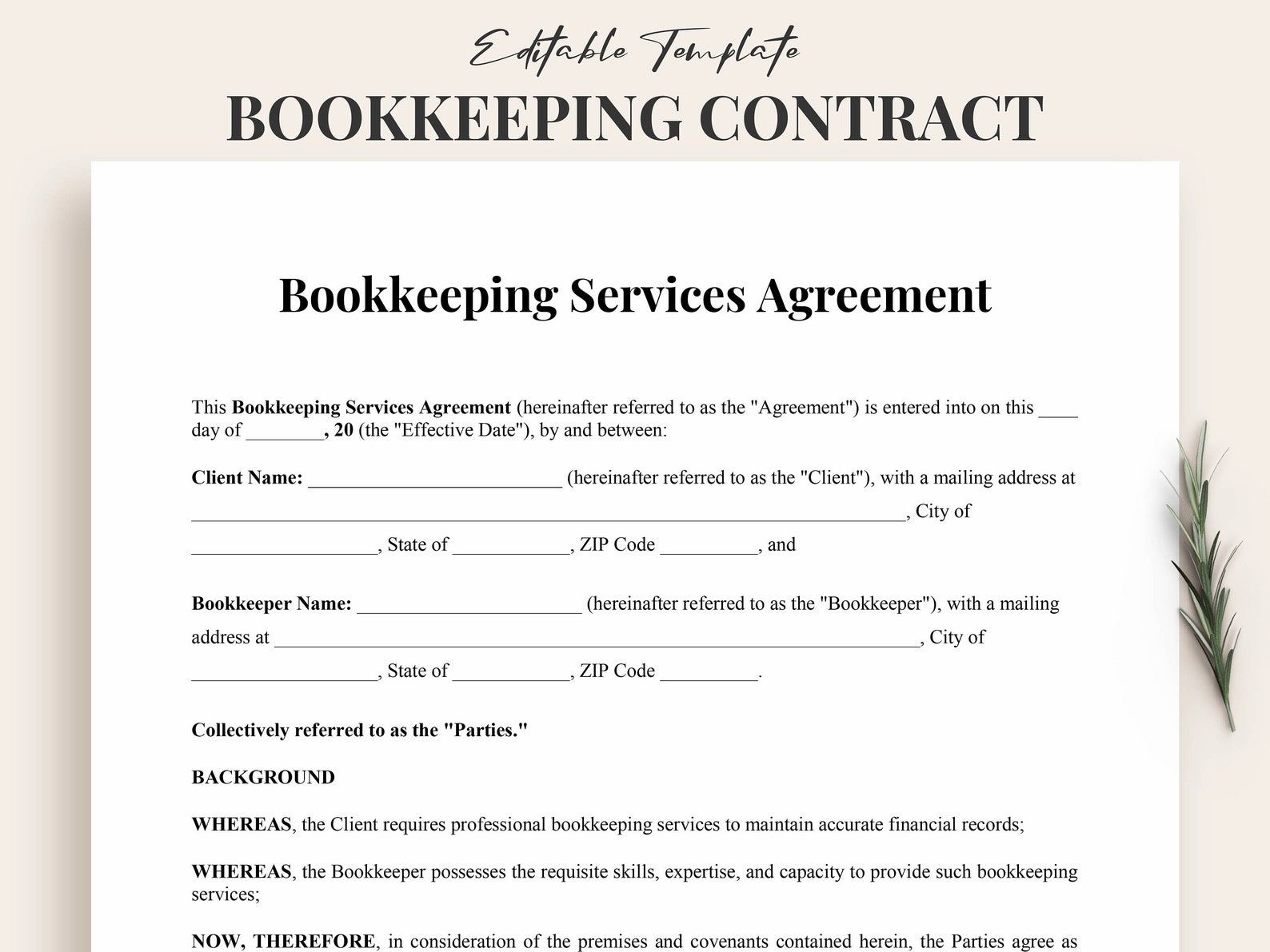 Bookkeeping Contract Template Word & PDF - Printable Bookkeeping ...