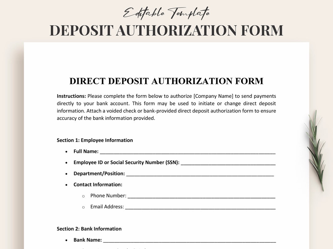 Printable Direct Deposit Authorization Form Template Word ...