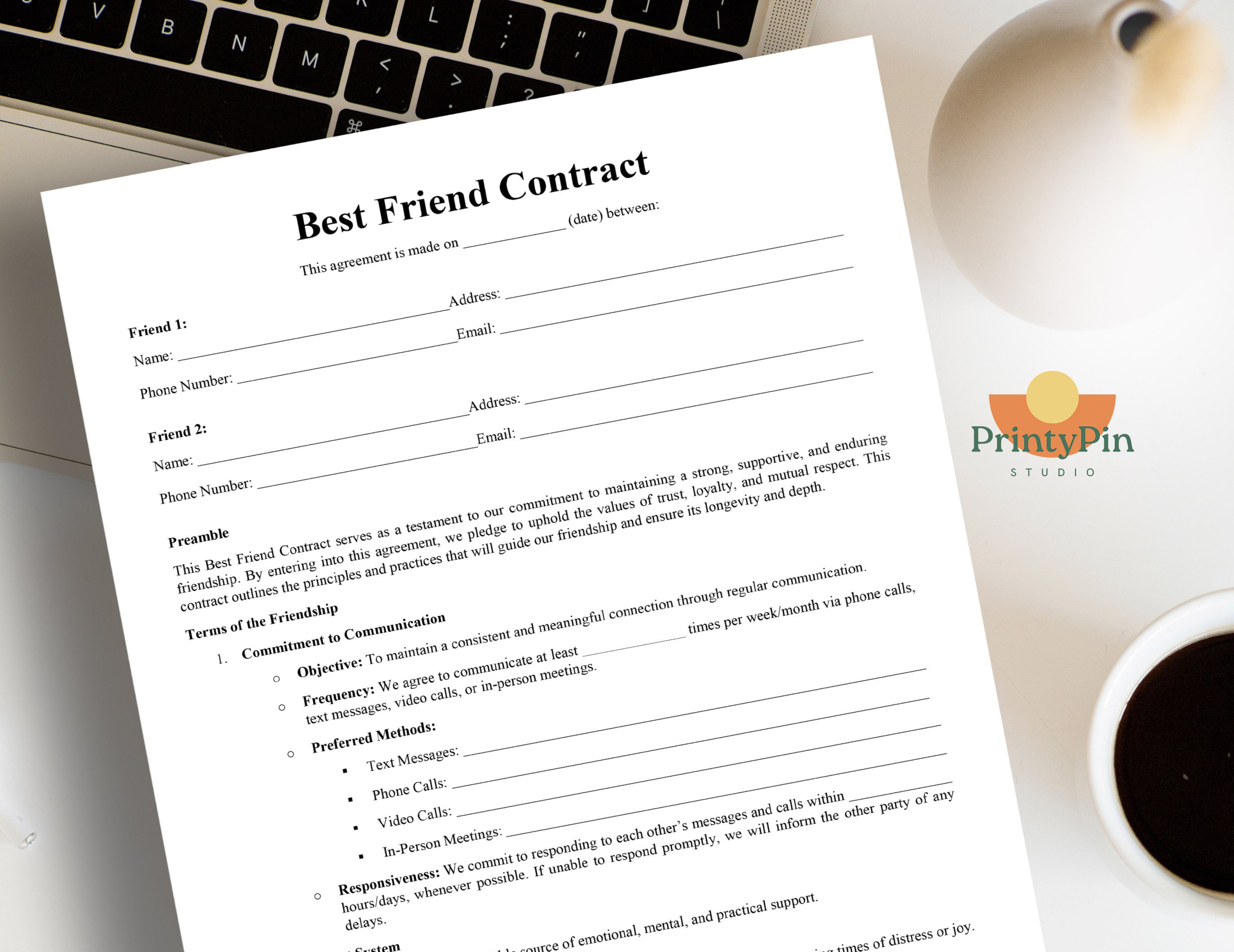 Best Friend Contract Template - Editable Friendship Agreement ...