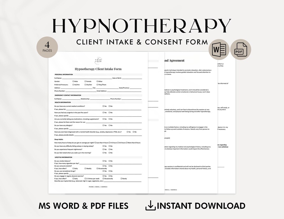 Hypnotherapy Client Intake Form Template | Hypnosis Consent, Medical ...