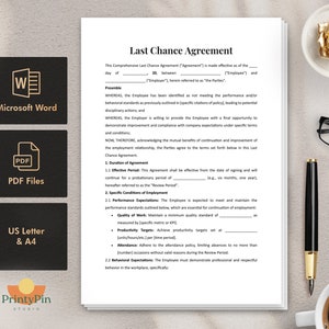 Last Chance Agreement Template - Editable Word & PDF Document for ...