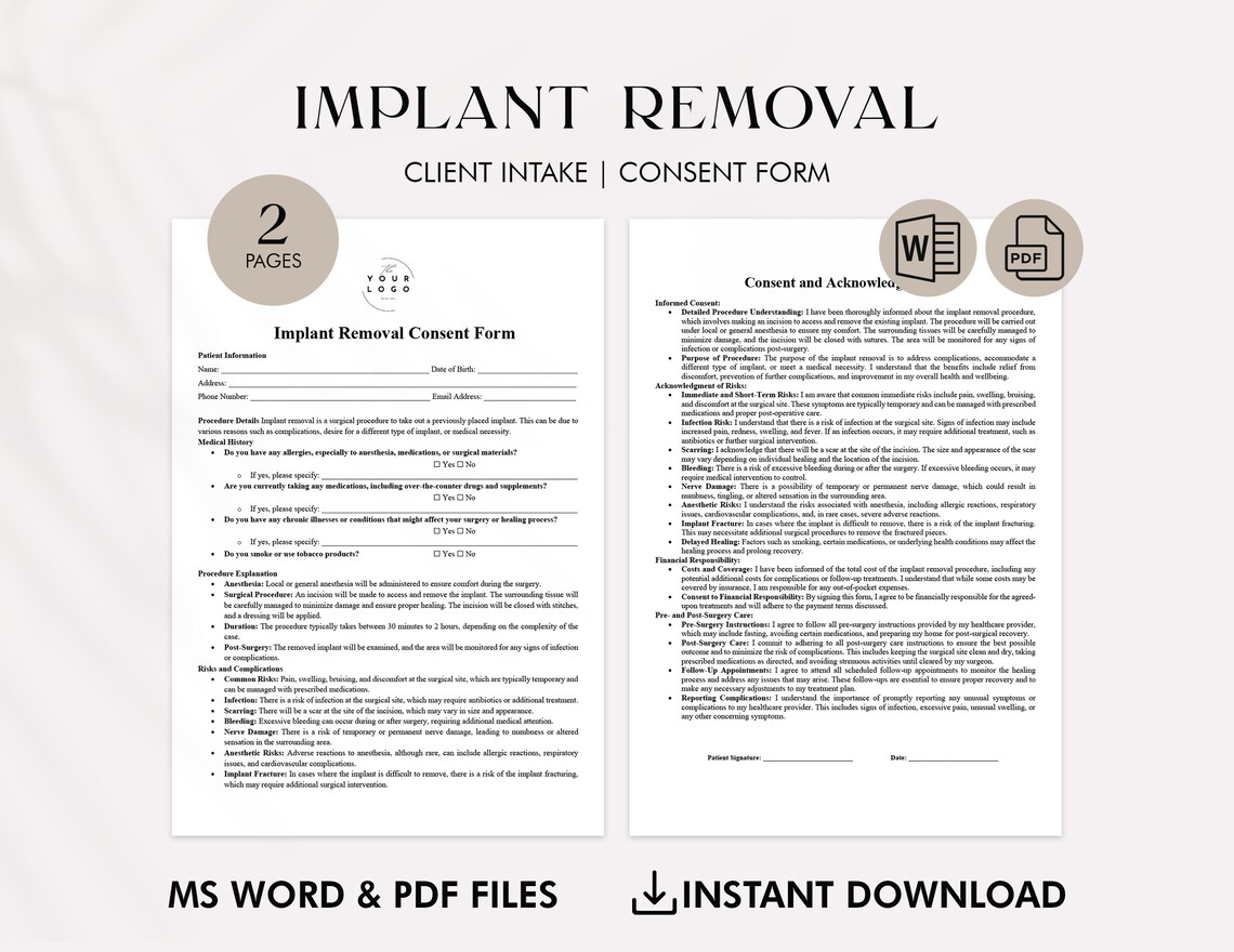 Implant Removal Consent Form PDF - Editable Surgical Consent Template ...
