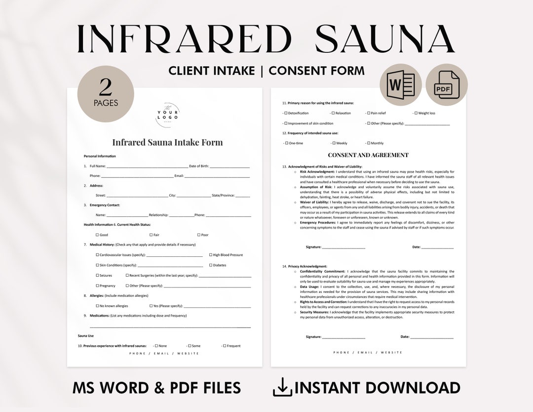Editable Infrared Sauna Consent Form PDF - Detox Sauna Intake Form Ms ...