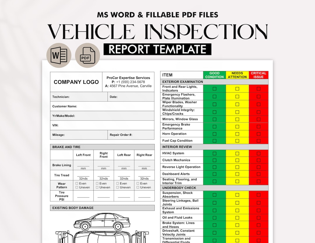 Editable Vehicle Inspection Report Template | Fillable PDF & Word Auto ...