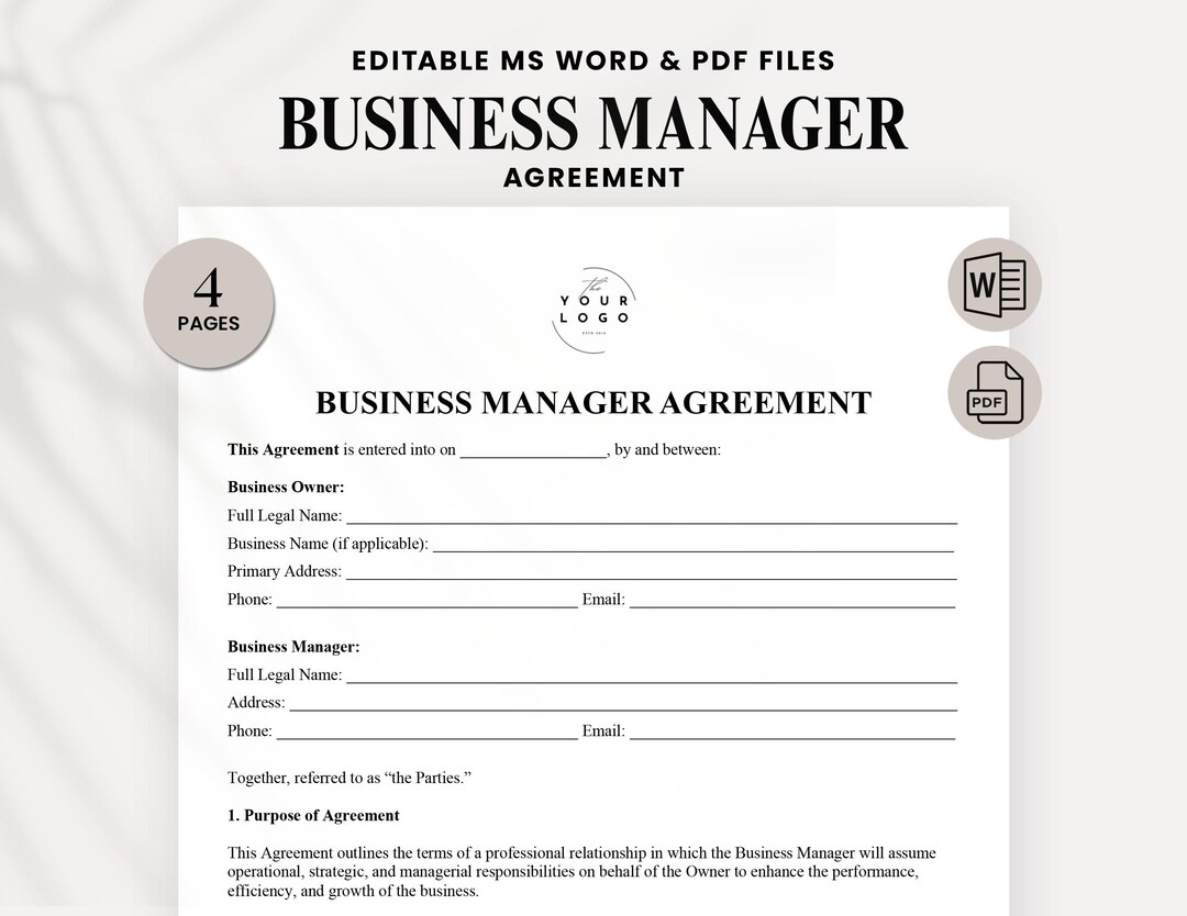 Business Manager Agreement Template | Editable Contract for Freelancers ...