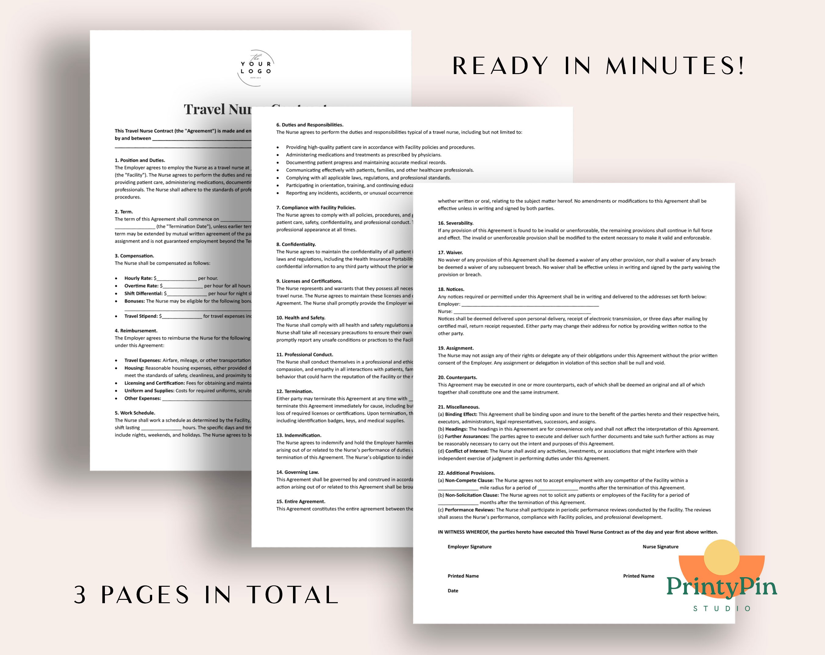 Travel Nurse Contract Template | Printable Travel Nursing Agreement ...