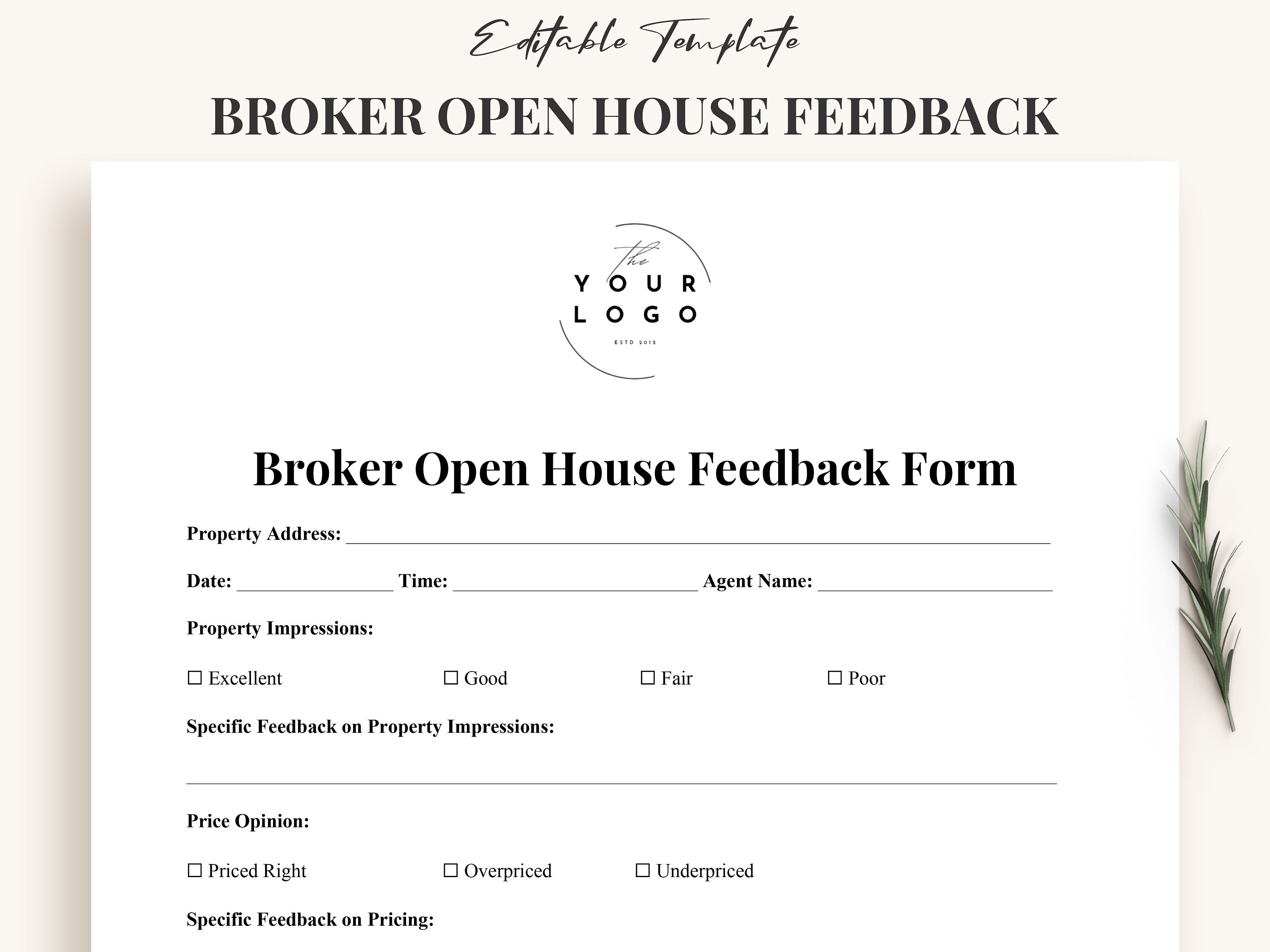 Broker Open Feedback Form, Real Estate Agent Open House Feedback Form ...