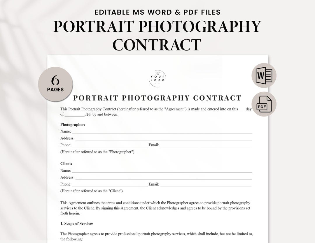 Professional Portrait Photography Agreement - Editable Portrait ...
