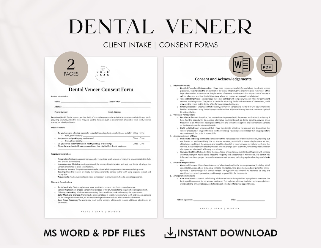 Dental Veneer Consent Form Template - Editable Dental Procedure Consent ...