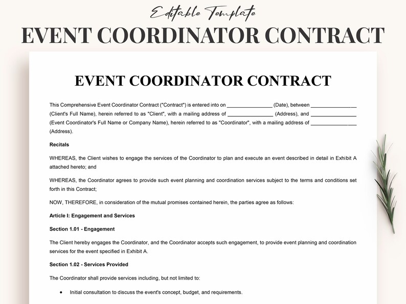 Professional Event Coordinator Contract Template Word - Customizable ...