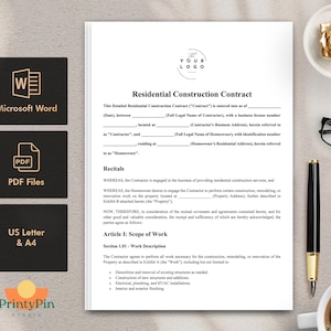 Customizable Residential Construction Contract Template - Detailed ...