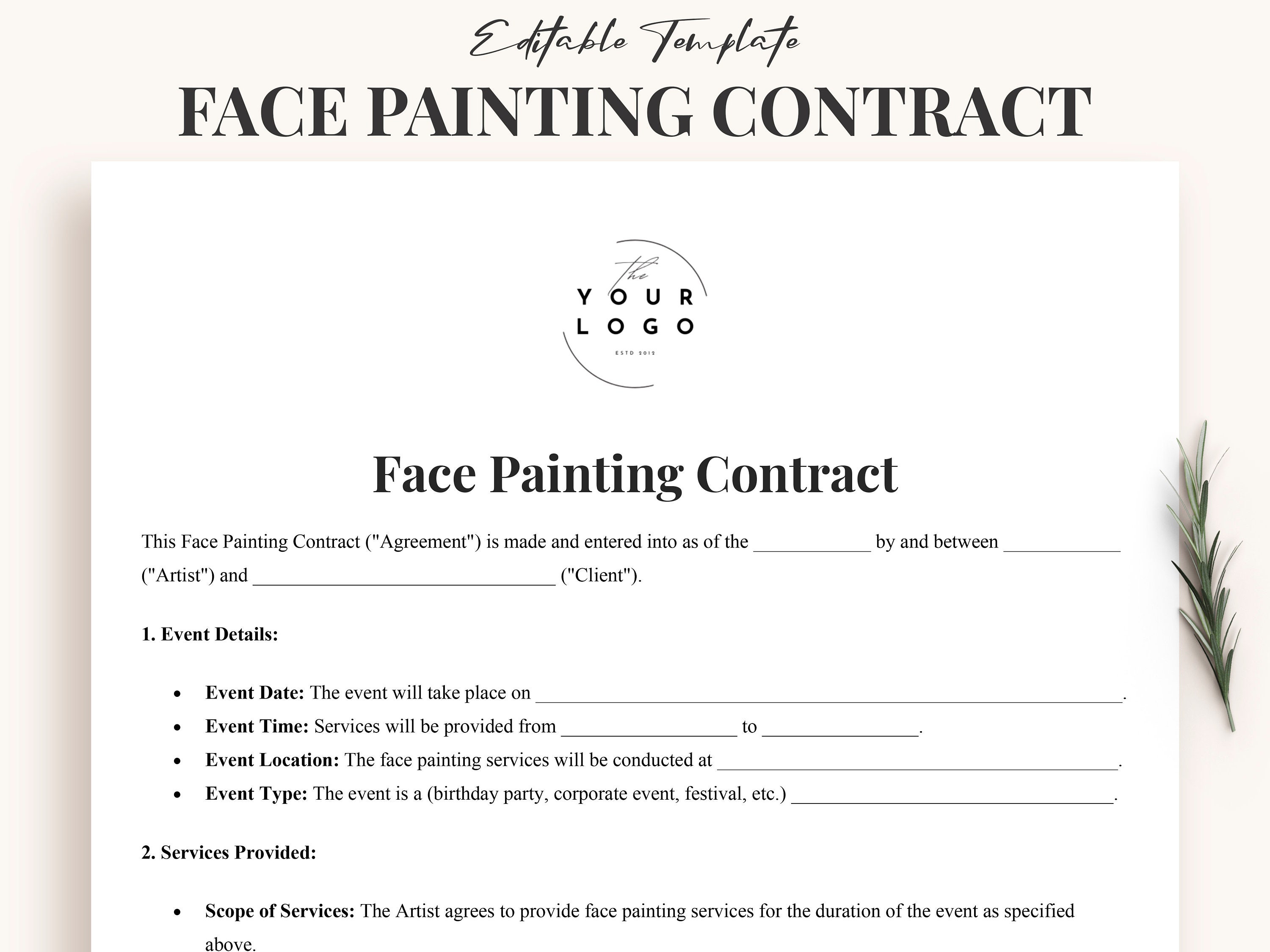 Face Painting Contract Agreement ,face Painters Client Event Kit, Face ...