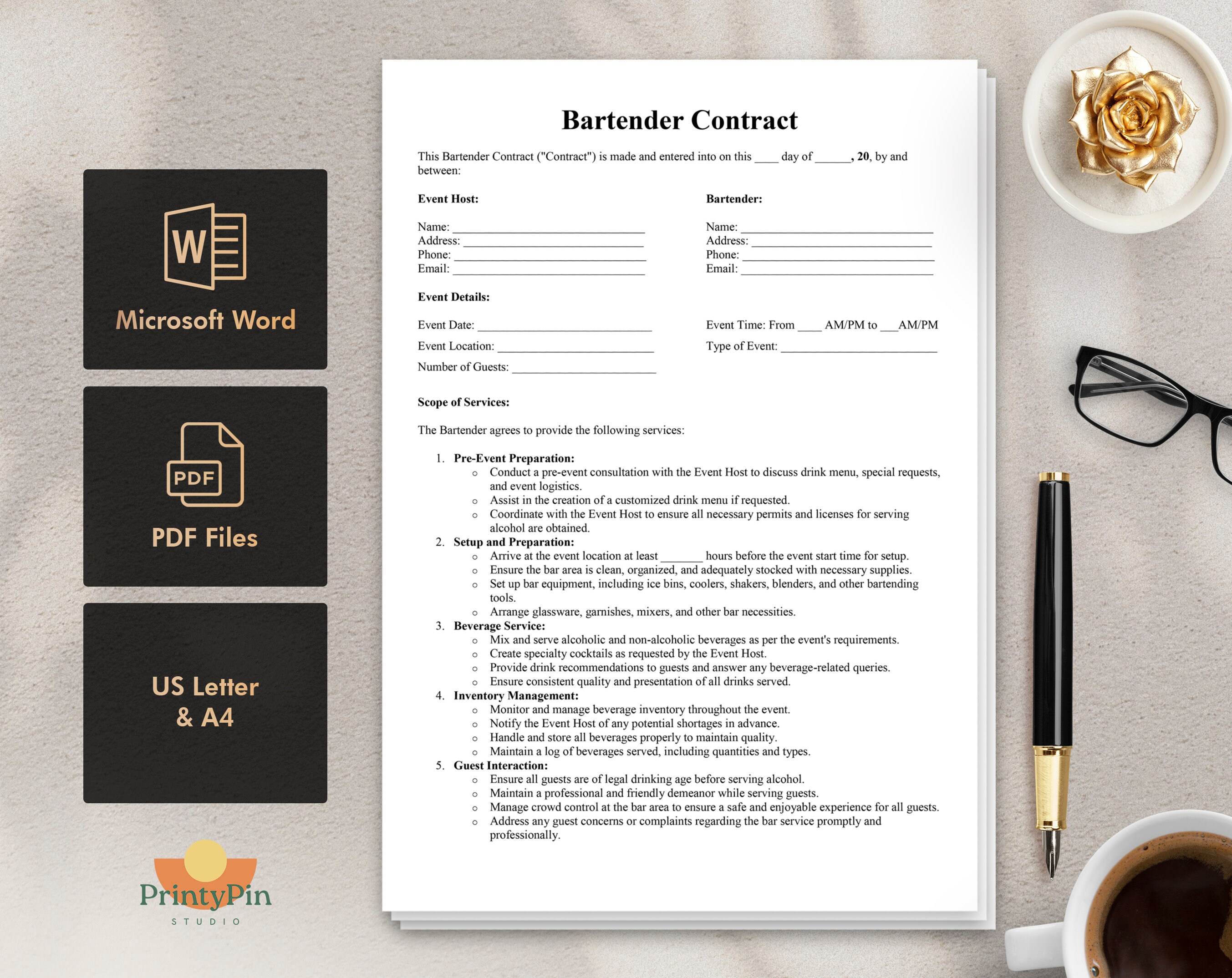Bartender Contract Template | Detailed and Professional Bartending ...
